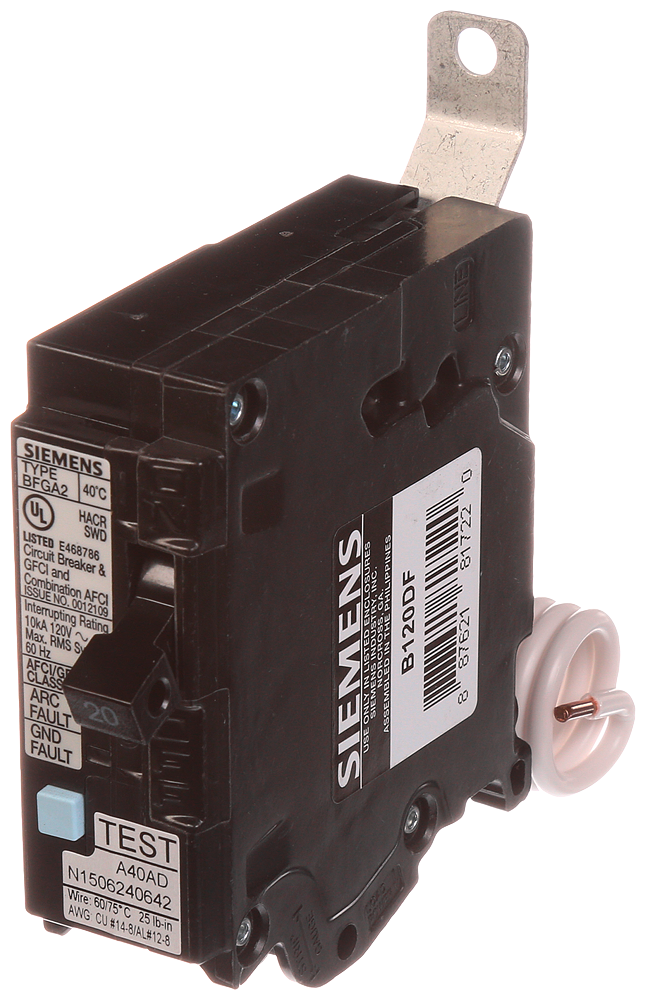 Siemens B120DF 1-Pole 20 Amp 120 VAC 10 kA Dual Function Arc Fault or Ground Fault Circuit ...