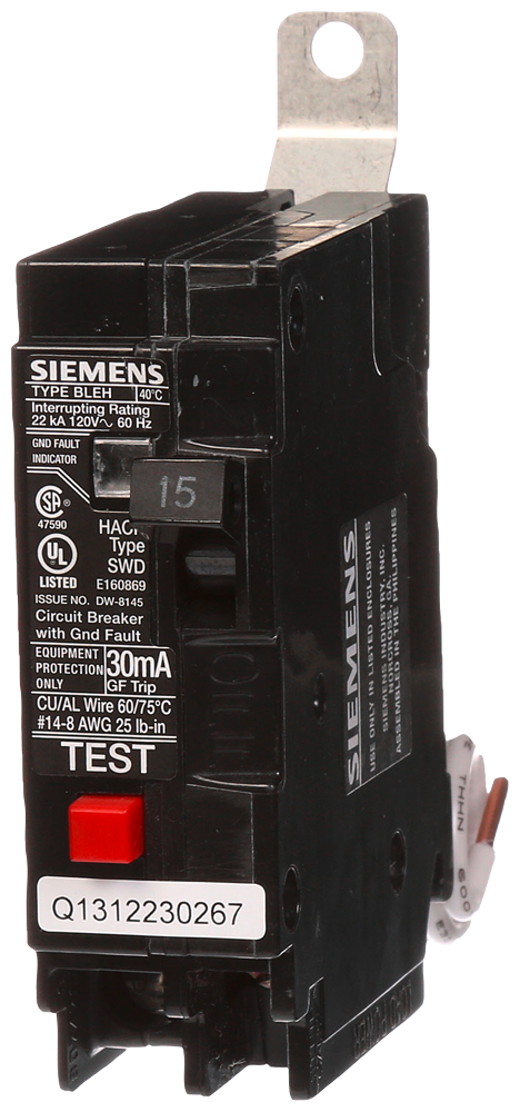 Siemens BE115H 1-Pole 15 Amp 120 VAC 22 kA Bolt-On Circuit Breaker ...