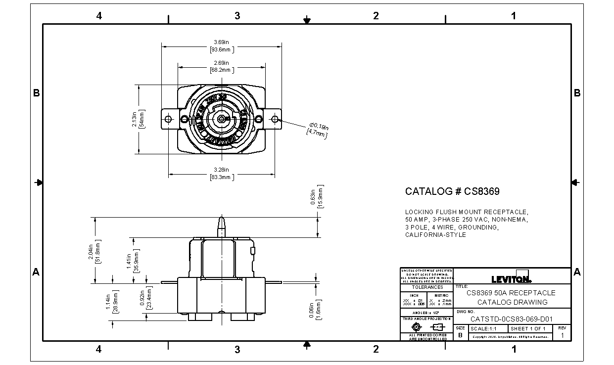 50 Amp, 250 Volt, Black & White Locking Flush Mount Receptacle, Indust ...
