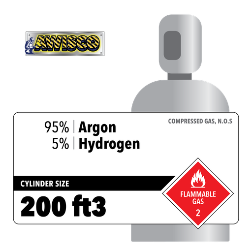 95 Argon, 5 Hydrogen, 200 ft3, Industrial, 200 ft3, High Pressure Steel ...