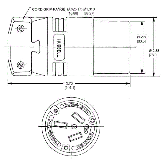 Hubbell HBL7515C 50 Amp 125/250 Volt 3-Pole 3-Wire NEMA 10-50R Black ...