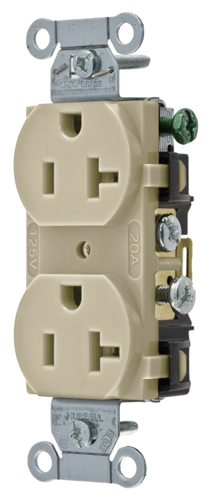 Hubbell CR20-I Ivory 20A 125V Duplex Receptacle. Commercial Spec Grade ...