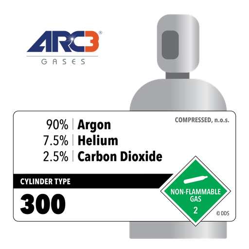 90% Argon, 7.5% Helium, 2.5% Carbon Dioxide, 300, Industrial (I), 326 ft3, High Pressure Steel ...
