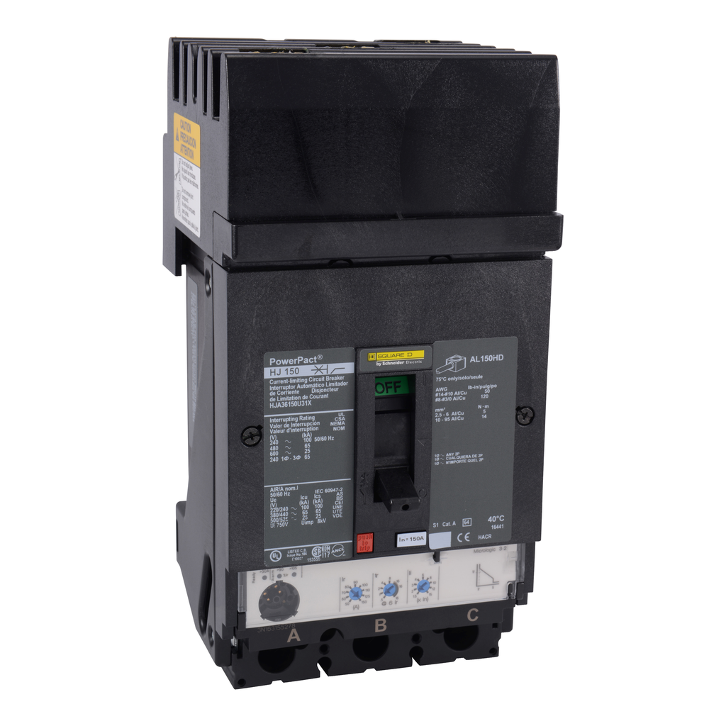 Circuit breaker, PowerPacT H, 150A, 3 pole, 600VAC, 25kA, I-Line ...
