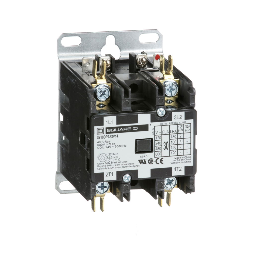 Contactor, Definite Purpose, 30A, 2 pole, 5 HP at 230VAC, 1 phase ...