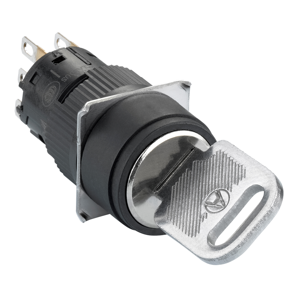 Monolithic selector switch, Harmony XB6E, round black key, 16mm, 2 positions, projecting keylock ...