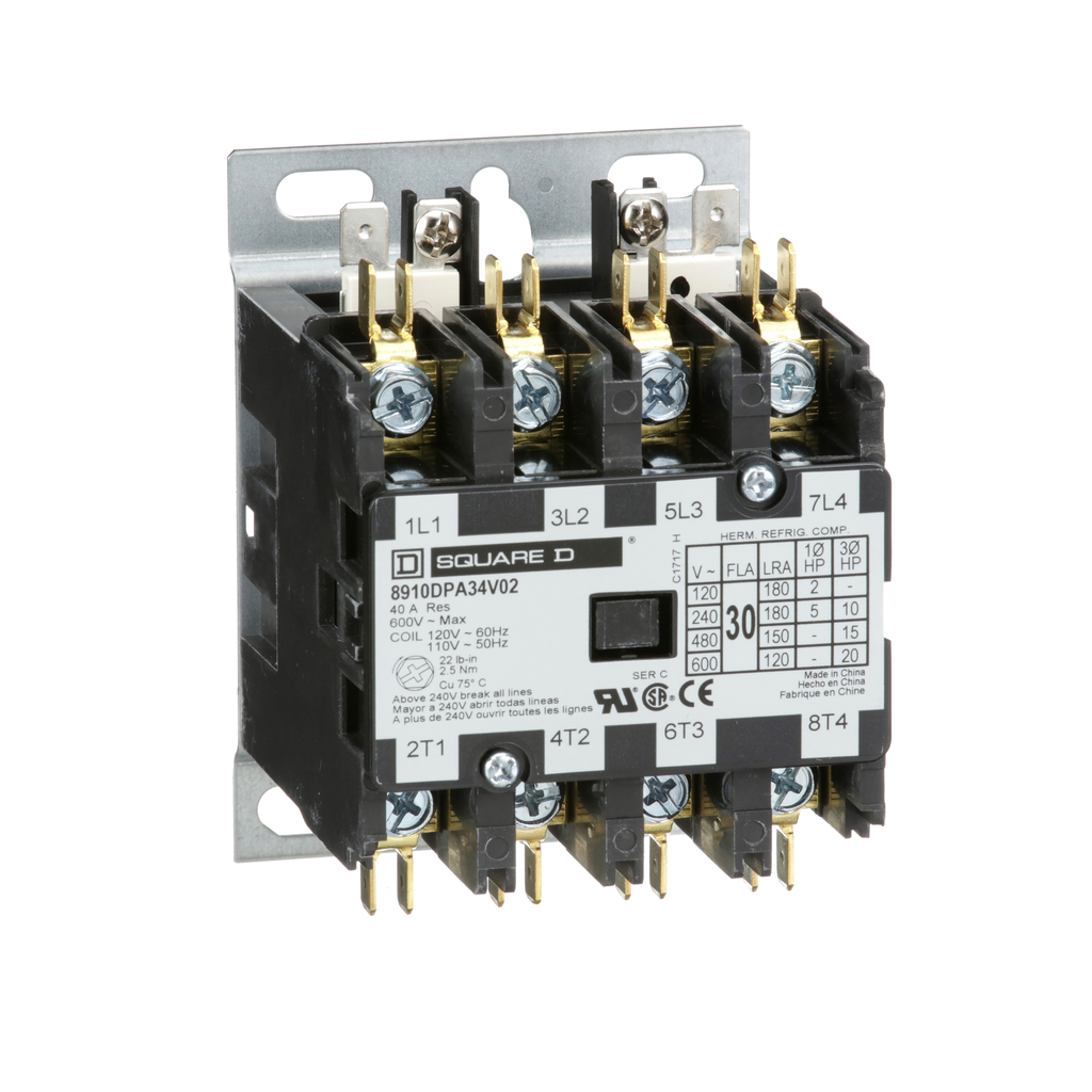 Contactor, Definite Purpose, 30A, 4 pole, 20 HP at 575 VAC, 3 phase ...