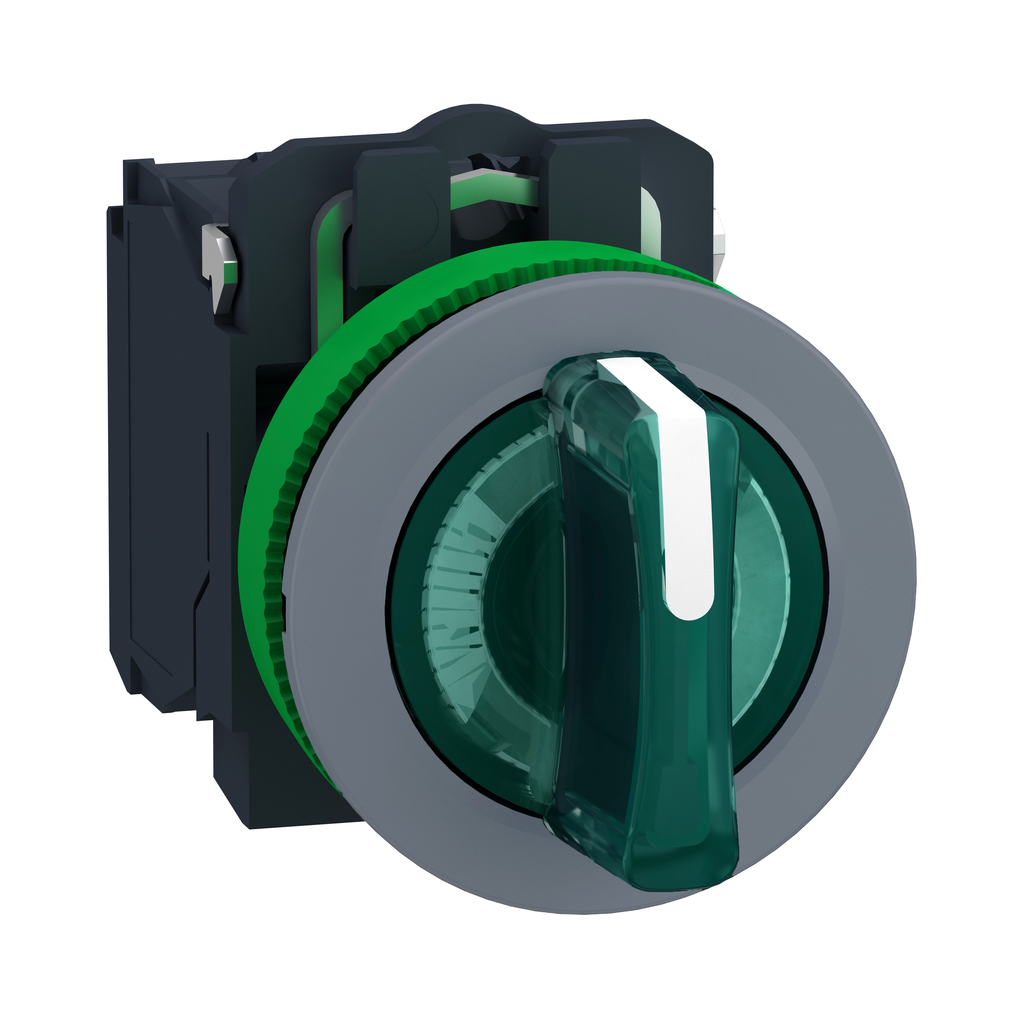 Illuminated selector switch, Harmony XB5, grey bezel, green handle, universal LED, 3 positions ...