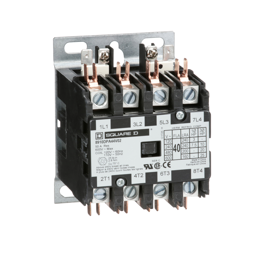 Contactor, Definite Purpose, 40A, 4 pole, 25 HP at 575 VAC, 3 phase ...