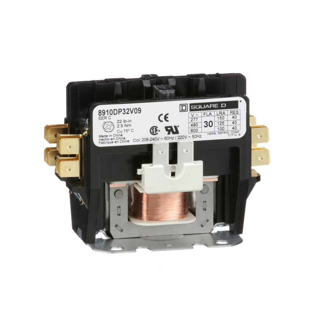 Contactor, Definite Purpose, 30A, 2 pole, 208/240VAC coil at 60Hz ...