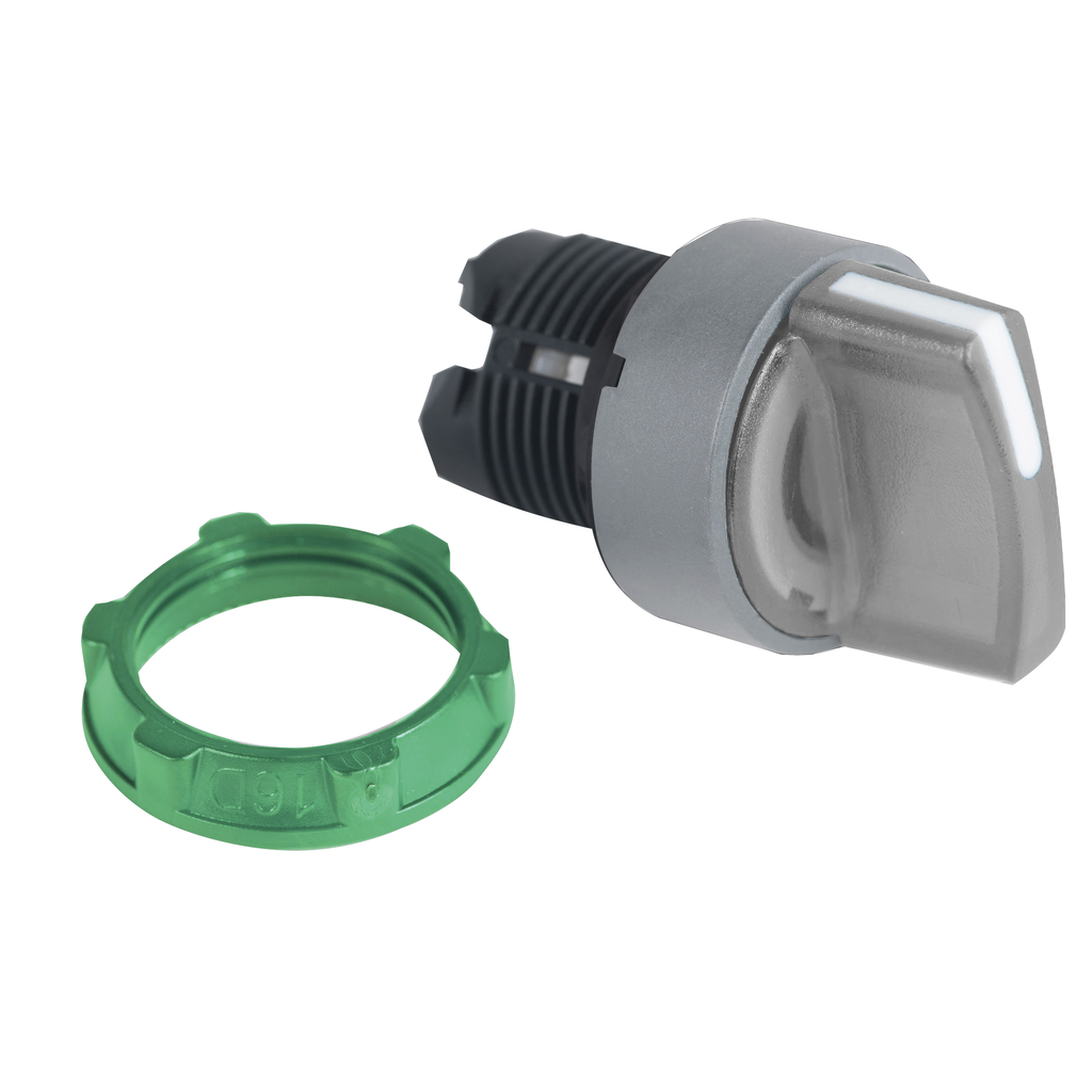 Head for illuminated selector switch, Harmony XB5, grey bezel, white handle, 22mm, universal LED ...