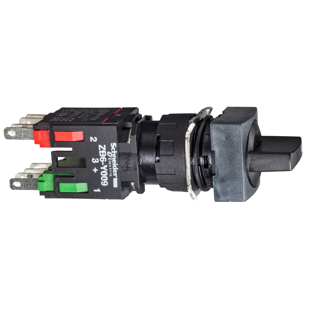 Selector switch, Harmony XB6, black square, 16mm, 2 positions, stay put, 1NO + 1NC | Mayer Electric