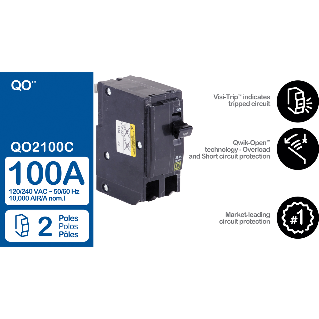 Square D QO2100 100A 120/240v 2Pole Miniature Circuit Breaker, Plug-In ...