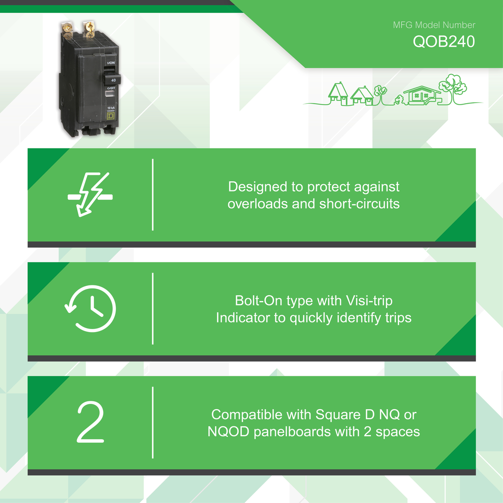 Square D QOB240 Miniature Circuit Breaker 40A 120/240V 1Ph 2P , Bolt-On ...