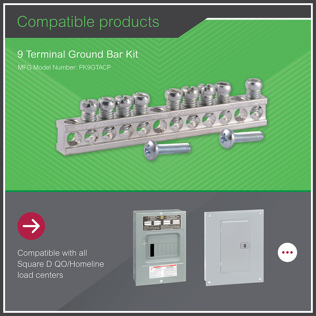 Square D PK9GTA 12-Terminal Load Center Ground Bar Kit, 225A Max, 3.78 ...