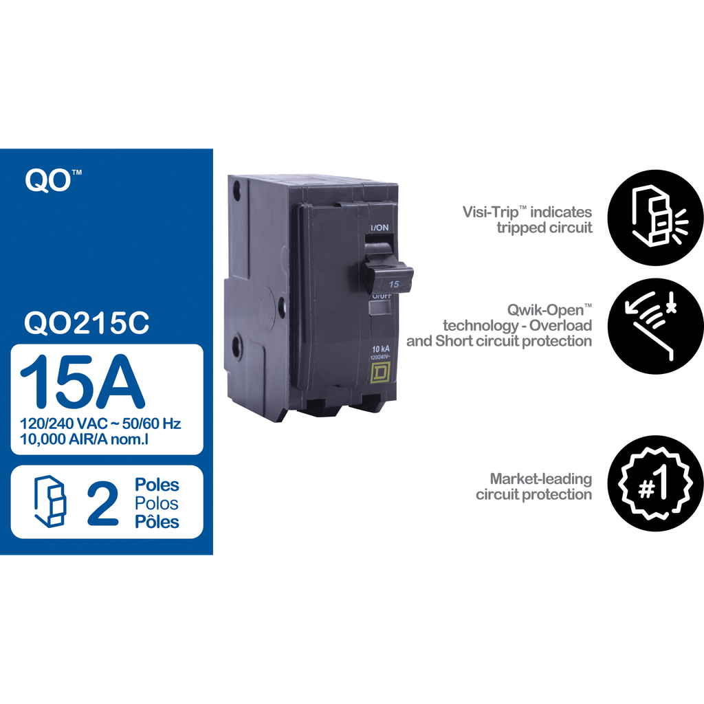 Square D QO215 Miniature Circuit Breaker 15A 120/240V 2P 1Ph , Plug-On ...