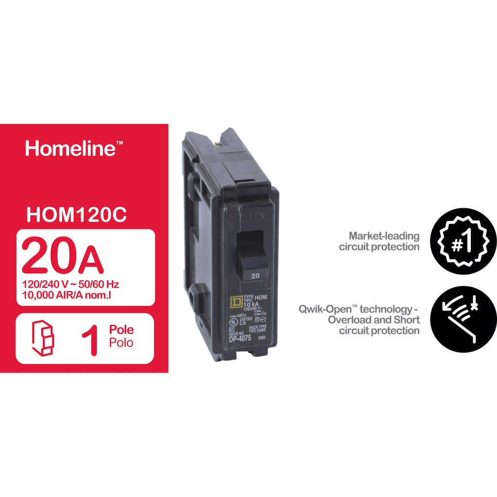 Square D HOM120 120/240 Volt 20 Amp Miniature Circuit Breaker | Cooper ...