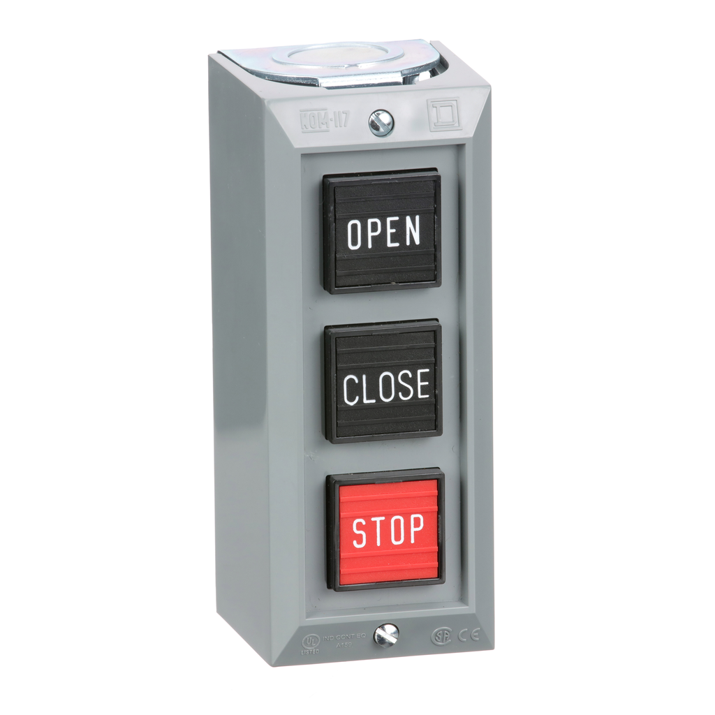 Complete control station, Harmony 9001B, 3 push buttons OPEN-CLOSE-STOP, 5A, 600V AC, 2NO + 3NO ...