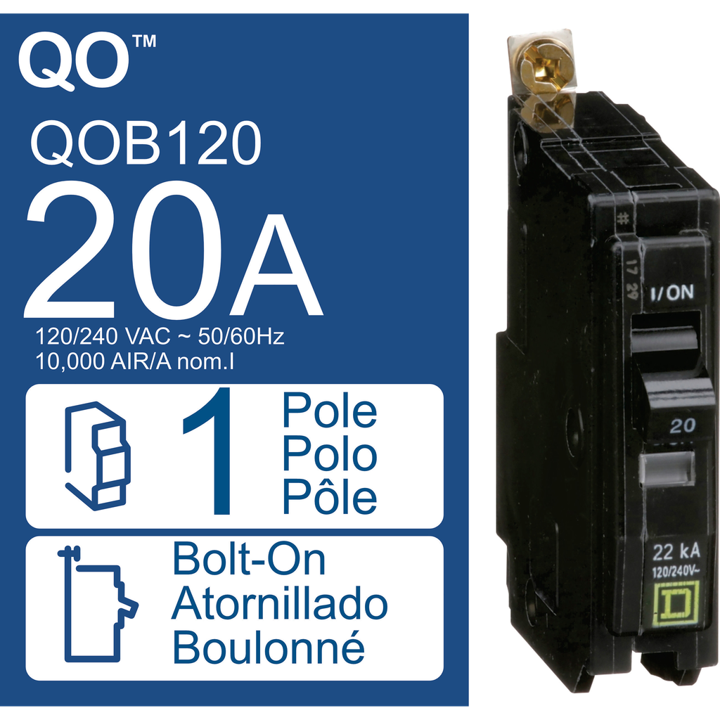 Square D QOB120 Miniature Circuit Breaker 20A 120/240V 1Ph , Bolt-On ...