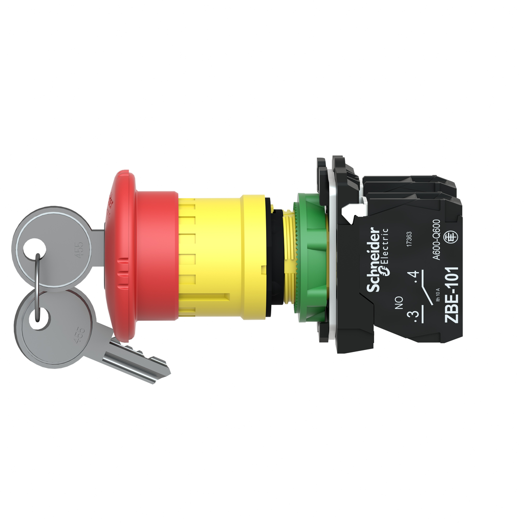 Emergency stop switching off, Harmony XB5, plastic, red mushroom 40mm, 22mm trigger latching key ...