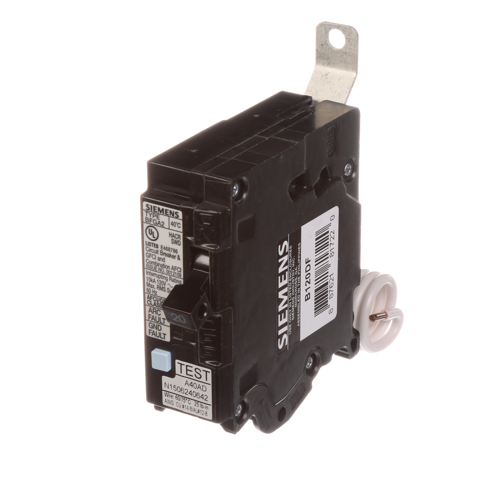 Siemens B120DF 1-Pole 20 Amp 120 VAC 10 kA Dual Function Arc Fault or Ground Fault Circuit ...