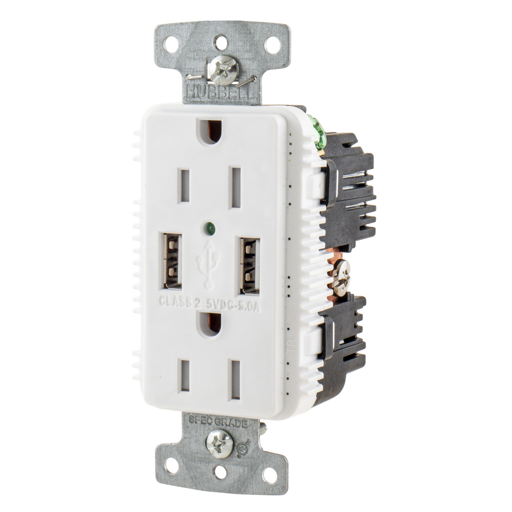 USB Charger Duplex Receptacle, 15A 125V,2-Pole 3-Wire Grounding, 5-15R, 2) 5A USB Ports, White ...