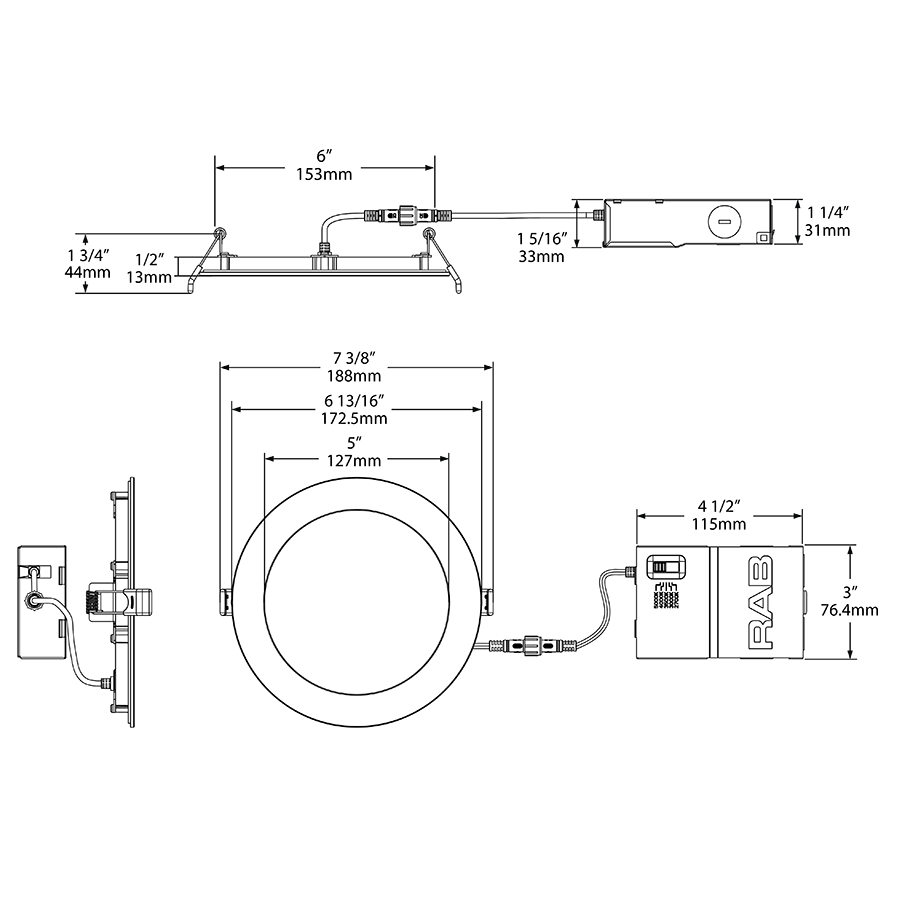 RAB WFRL6R139FA120WS 6" Round Edge-Lit LED Wafer Recessed Downlight ...