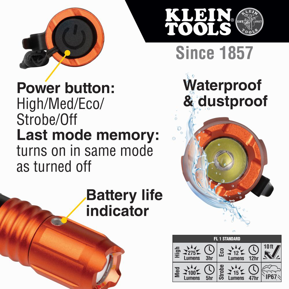 Klein 56411 Rechargeable Waterproof LED Pocket Light with Lanyard ...