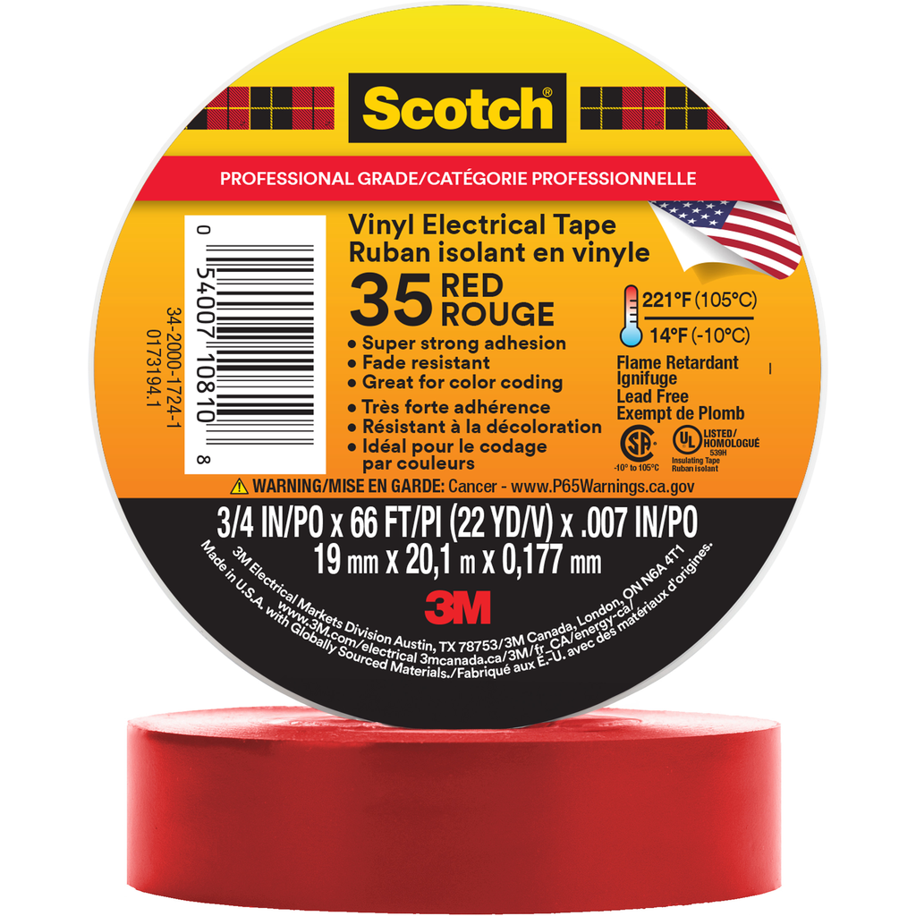 3M 35-3/4X66FT-RD #35 Vinyl Electrical Tape, 3/4" x 66ft - RED | World ...