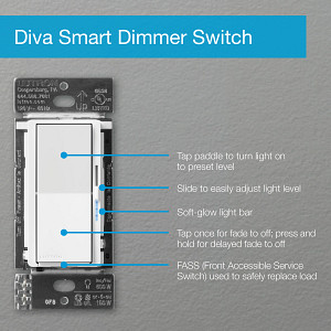 Lutron DVRF-6L-WH Diva Smart Paddle Dimmer, Single-Pole / 3-Way, White ...