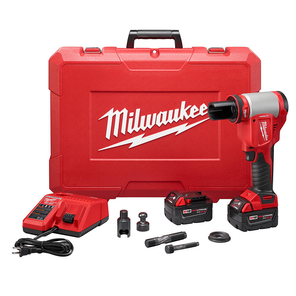 Milwaukee 2676-20 FORCELOGIC M18™ 10-Ton Knockout Tool Kit w/ 2 ... Milwaukee 2676-20 FORCELOGIC M18™ 10-Ton Knockout Tool Kit w/ 2 ...