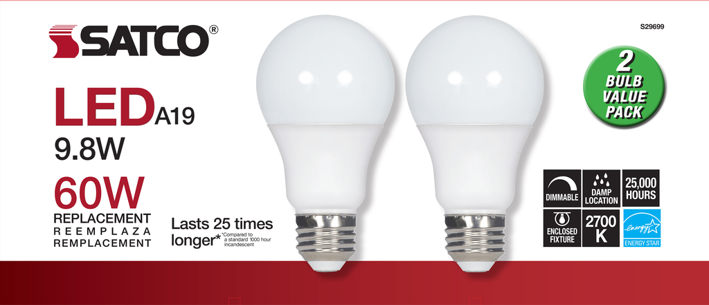 Satco S29699 9.8W A19 LED; Medium base; 2700K; Frosted; 220 deg. Beam Angle; 120 Volt; 2-Pack ...