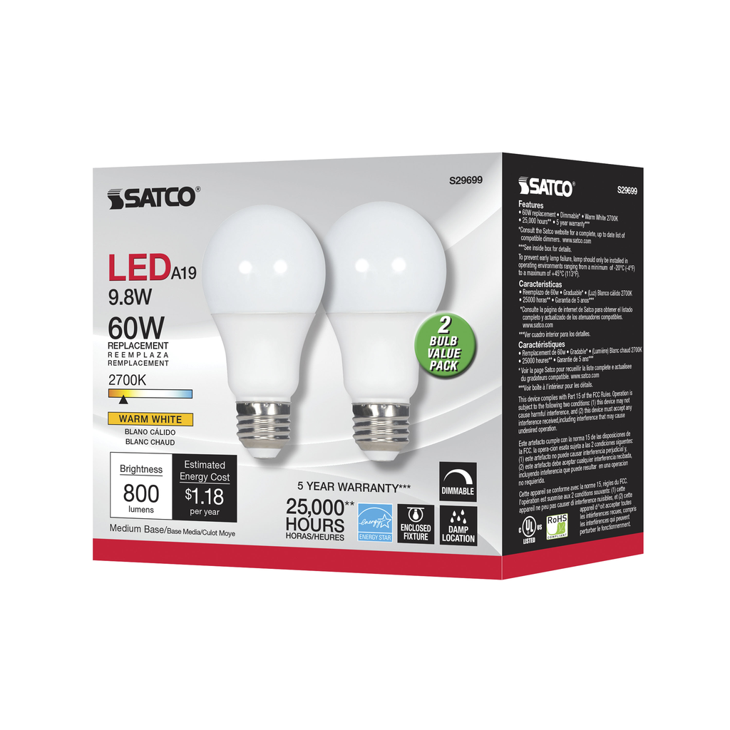Satco S29699 9.8W A19 LED; Medium base; 2700K; Frosted; 220 deg. Beam Angle; 120 Volt; 2-Pack ...