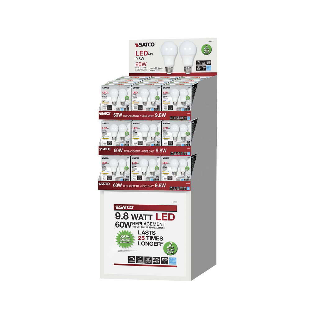 Satco S29699 9.8W A19 LED; Medium base; 2700K; Frosted; 220 deg. Beam Angle; 120 Volt; 2-Pack ...