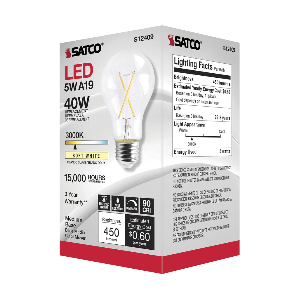 Satco S12409 5 Watt LED A19; Clear; Medium Base; 3000K; 90 CRI; 120 ...
