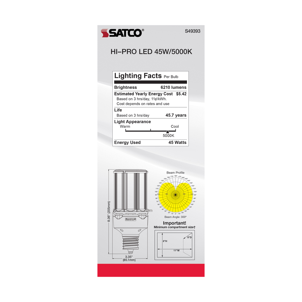 Satco S49393 45W LED HID Replacement; 5000K; Extended Mogul base; Type ...